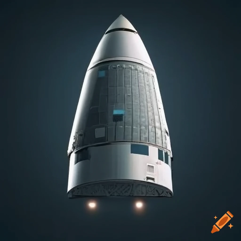 Spaceship in space with silver cylindrical core and rocket engines on ...
