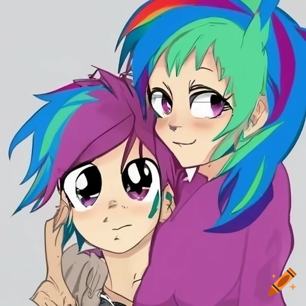 Scootaloo and Rainbow Dash in humanized cartoon style in a bedroom on ...