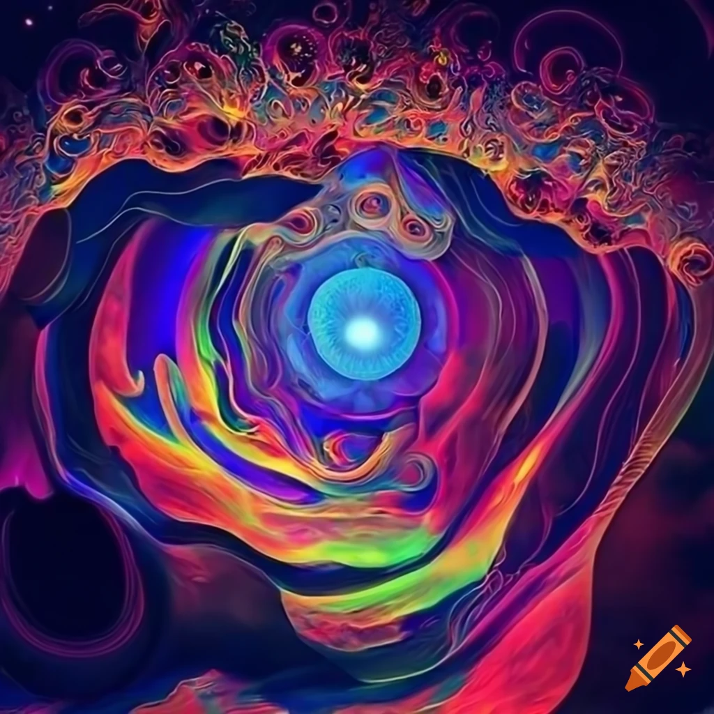 Trippy 3D landscape with cosmic vibes and mystical elements on Craiyon