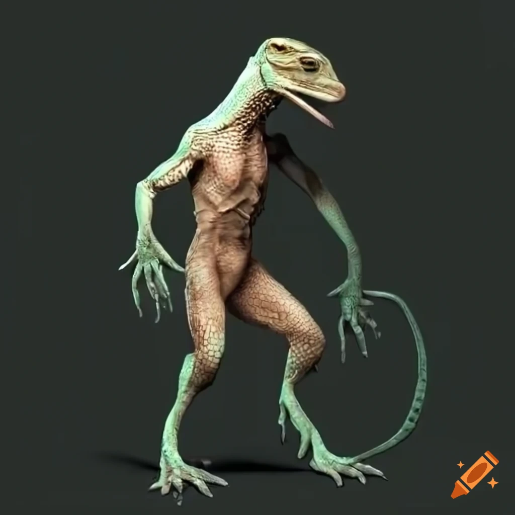 Humanoid lizard creature with unique leg structure and posture on Craiyon