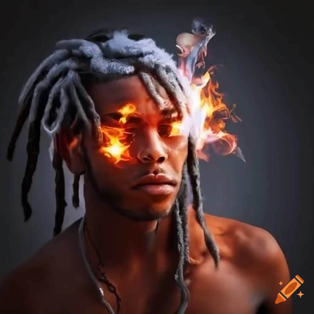 Black man with white dreadlocks showcasing fire abilities on Craiyon