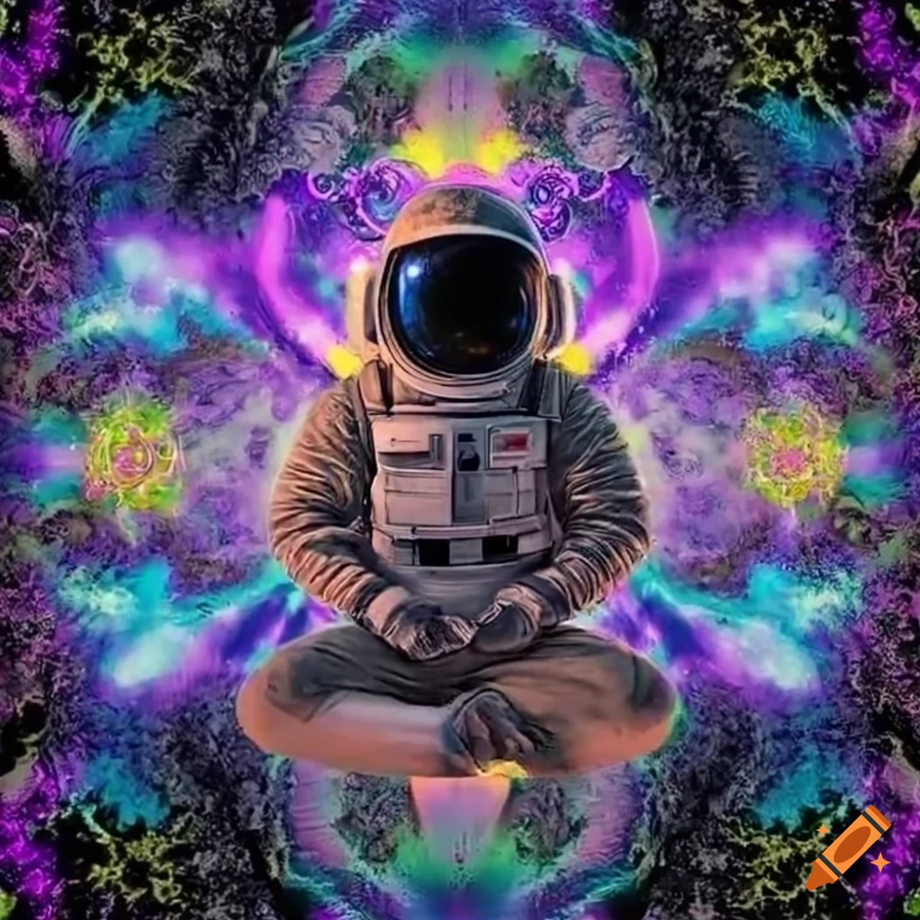 Astronaut meditating in a psychedelic space with abstract patterns on ...