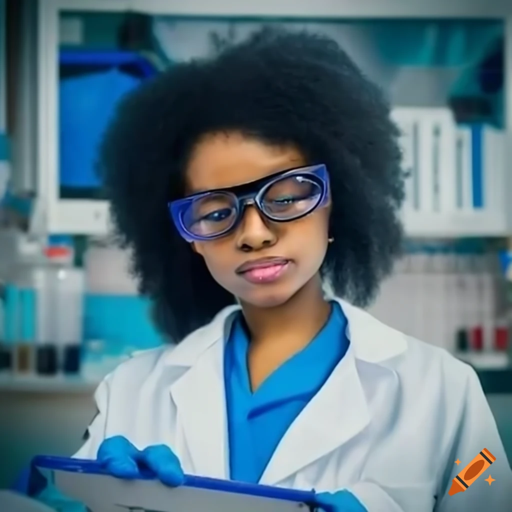 African American female scientist with purple glasses presenting new ...