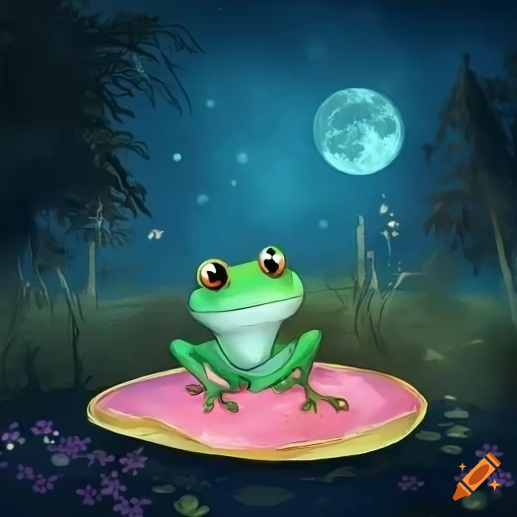 Wide-eyed frog on a rembrant inspired lily pad under a bright full moon ...
