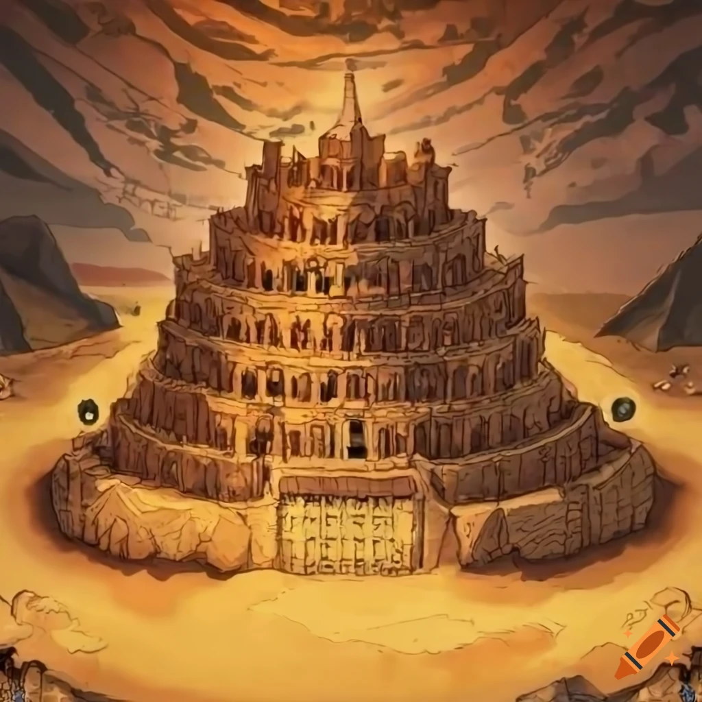 Dnd desert palace with balcony and stone door on top of the Babel tower ...
