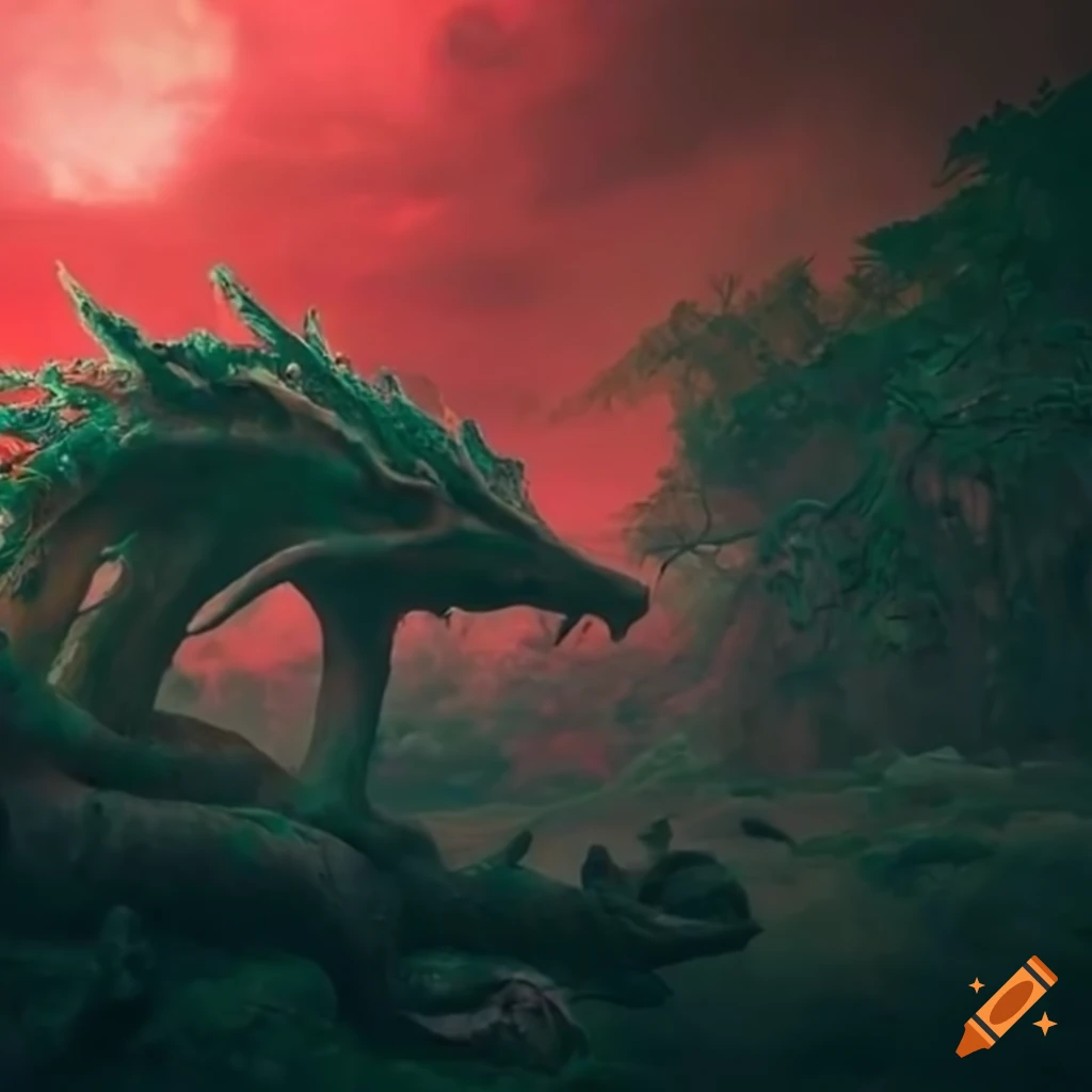 Dragon created from tree roots in a surreal jungle landscape with red ...