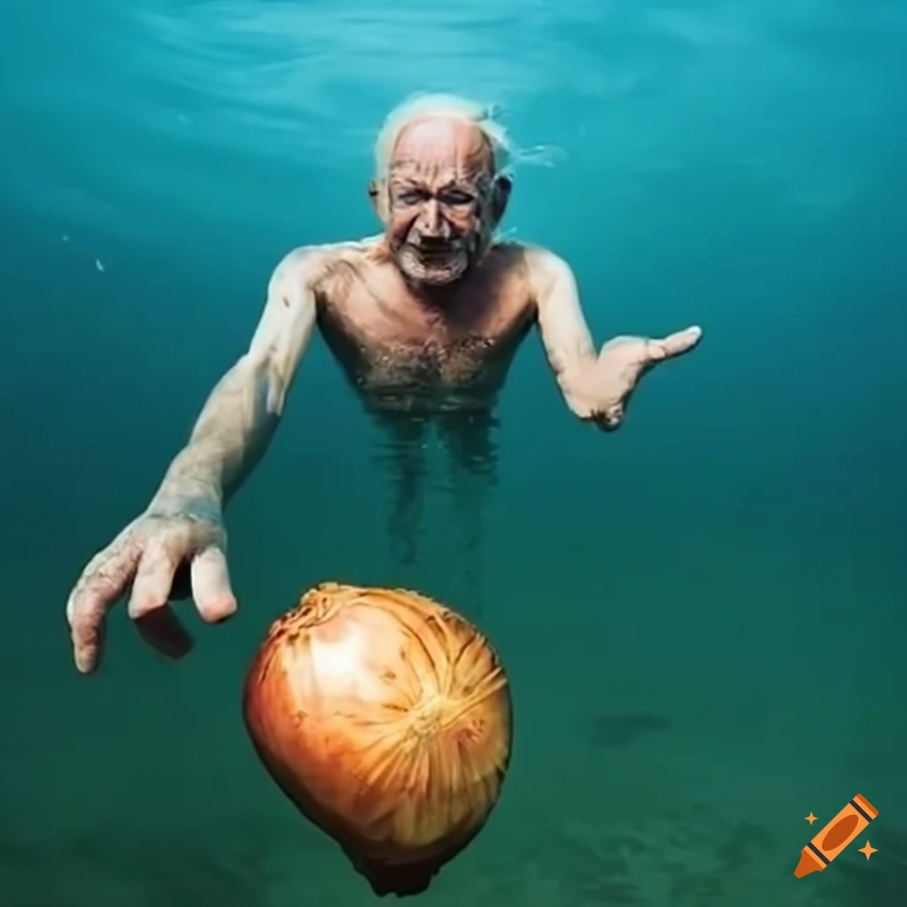 Man with a large onion drowning in the sea on Craiyon