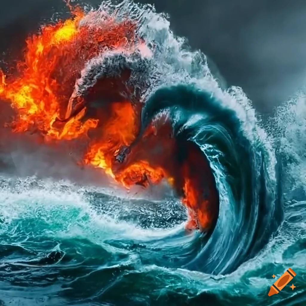 Towering waves of fire with jagged rocks and fierce winds in a dramatic ...