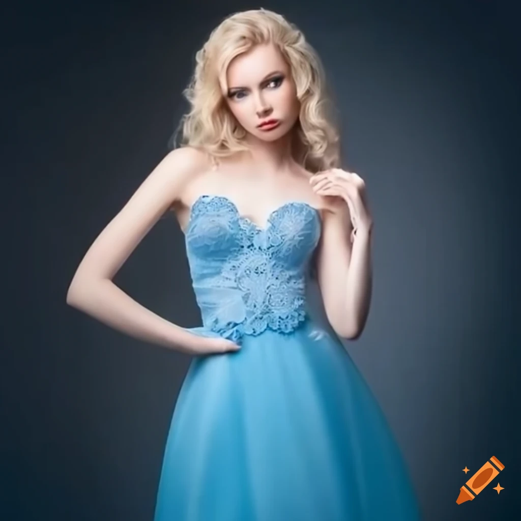 Woman with blonde hair in a blue dress demonstrating ice magic ability ...