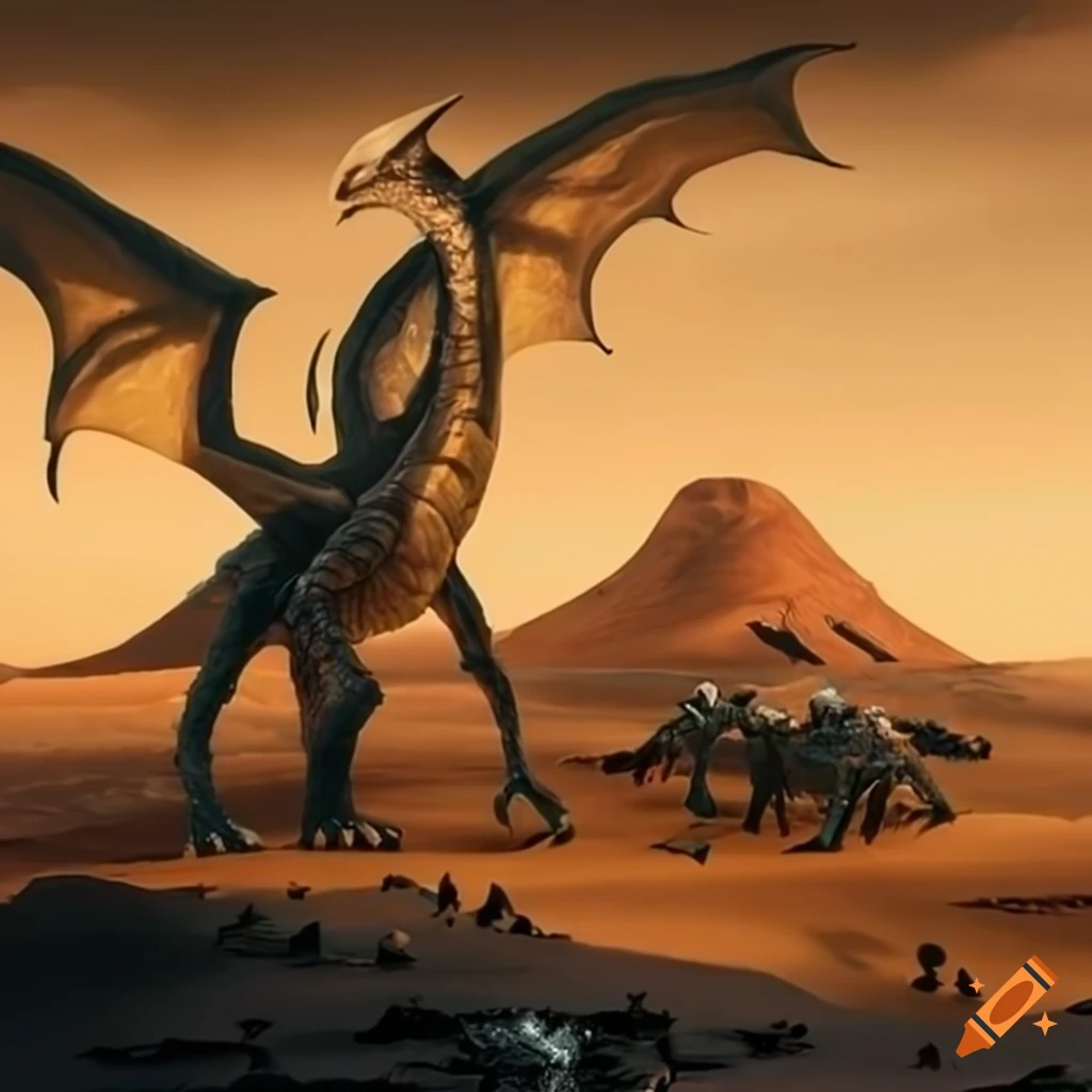 Giant dragon-turtle hybrids in a surreal black desert landscape on Craiyon
