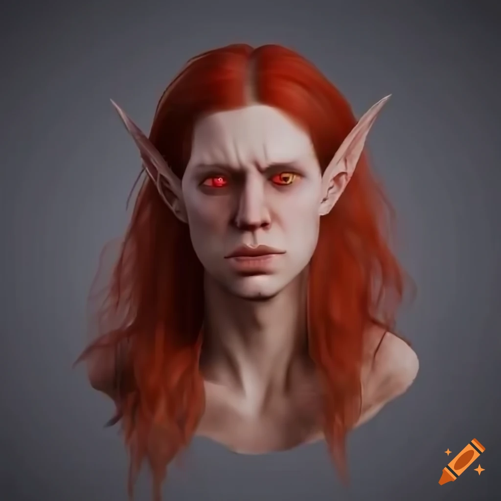 Pale Skinned Elf Man With Long Red Hair And Red Eyes On A Grey Background On Craiyon