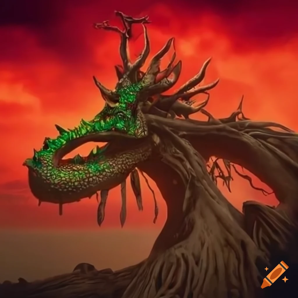 Dragon created from tree roots in a surreal jungle landscape with red ...
