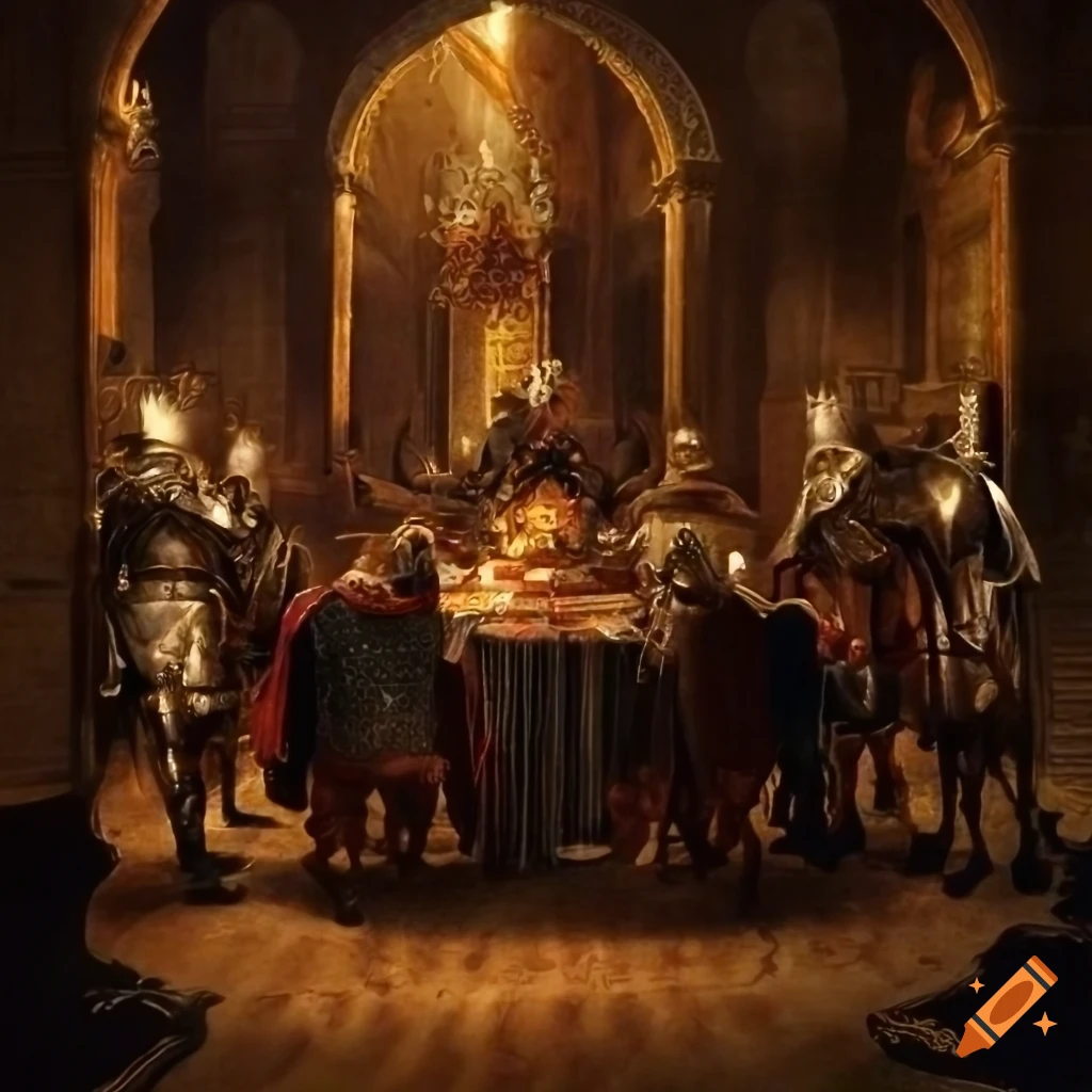 Knights of the Round Table in a medieval hall with Queen Guinevere and ...