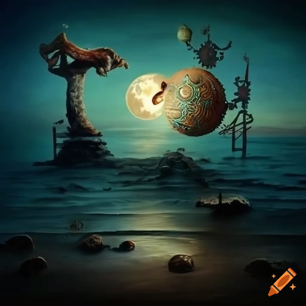 Surreal moon steampunk artwork with strange creatures on a beach on Craiyon