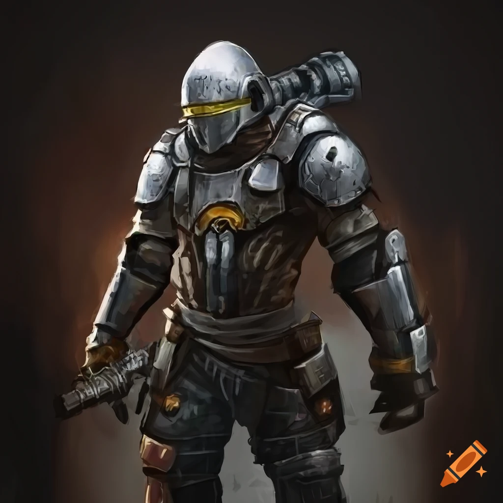 Riot knight in industrial exoskeleton with hazard markings on Craiyon