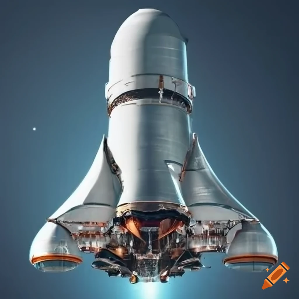 Spaceship in space with silver cylindrical core and rocket engines on ...