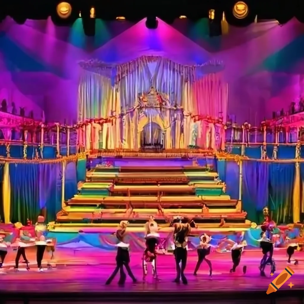 Spectacular stage musical with dancers on central staircase and rainbow ...