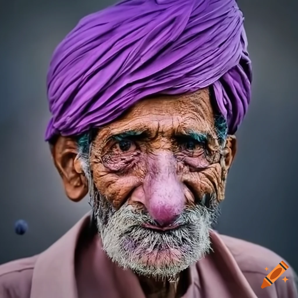 Elderly pakistani man in a purple turban with a unique nose on Craiyon