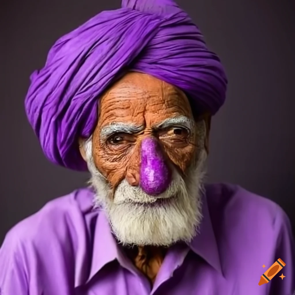 Elderly Pakistani man in a purple turban with a unique nose on Craiyon