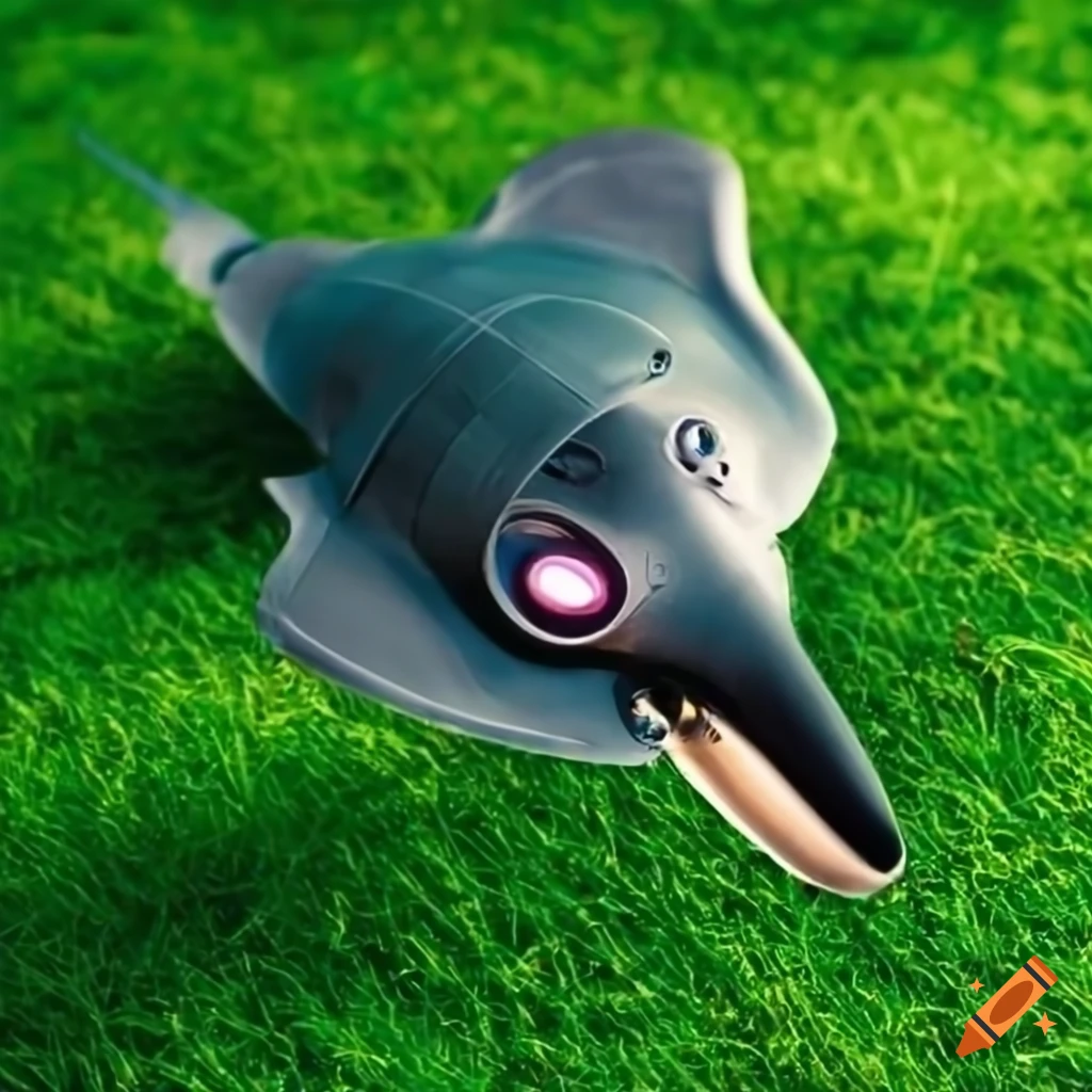 Robotic electric ray with razor blade teeth on grass background on Craiyon