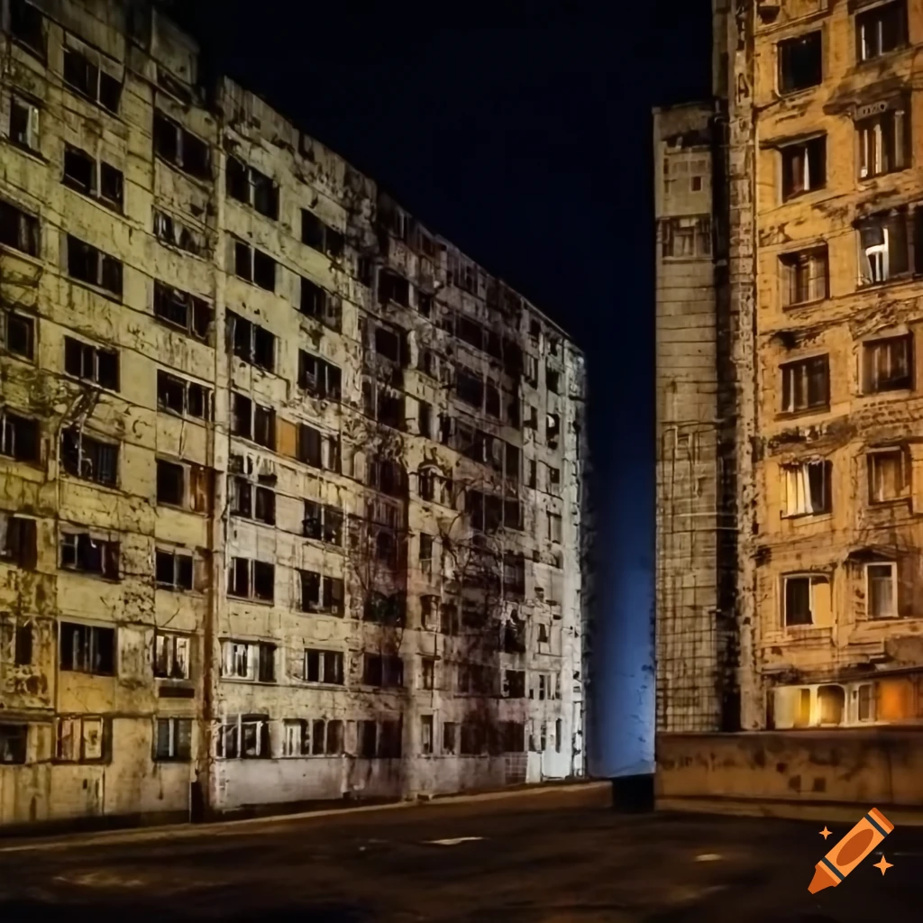 Post-Soviet apartment blocks at night on Craiyon