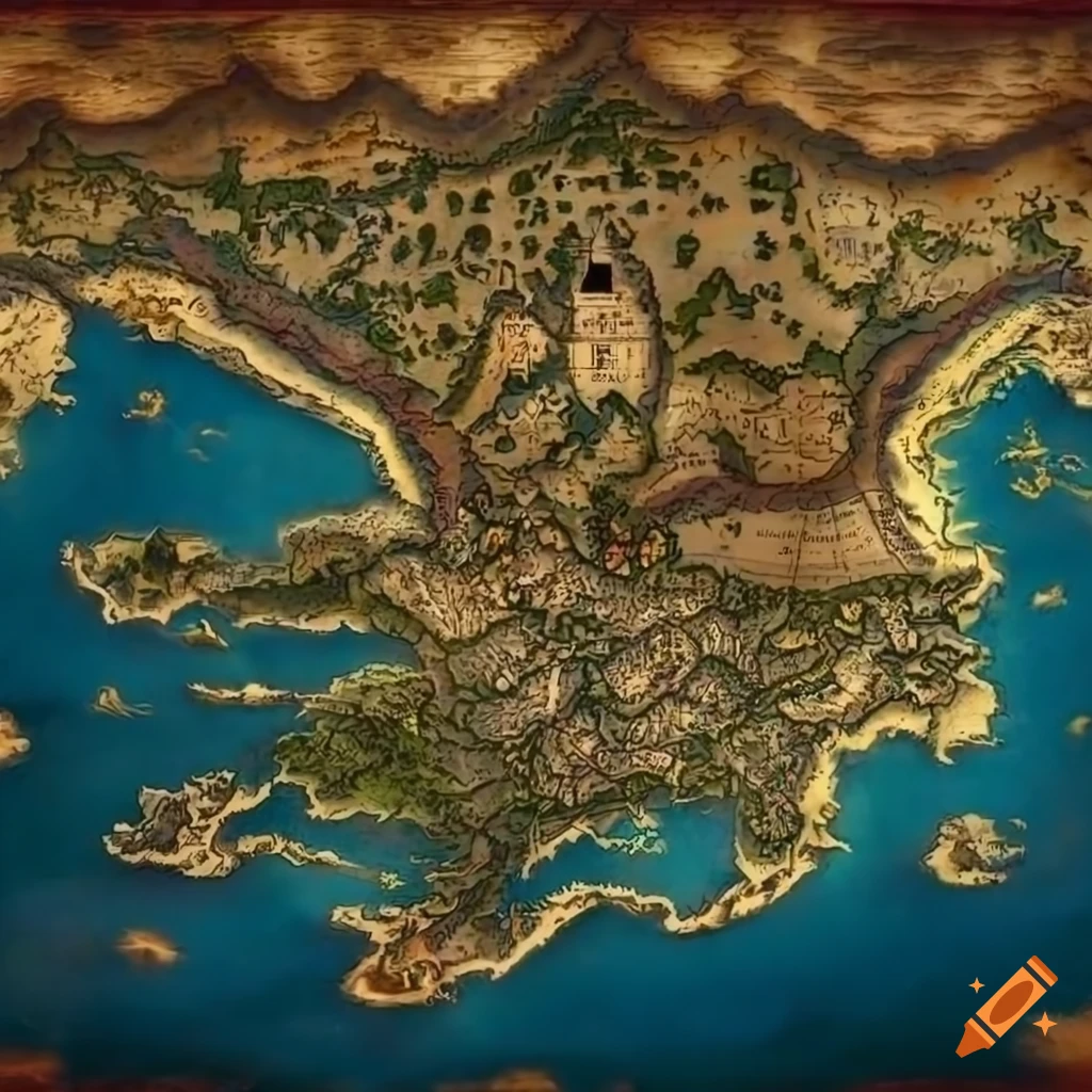 Highly detailed ancient fantasy world map with landmarks and locations ...