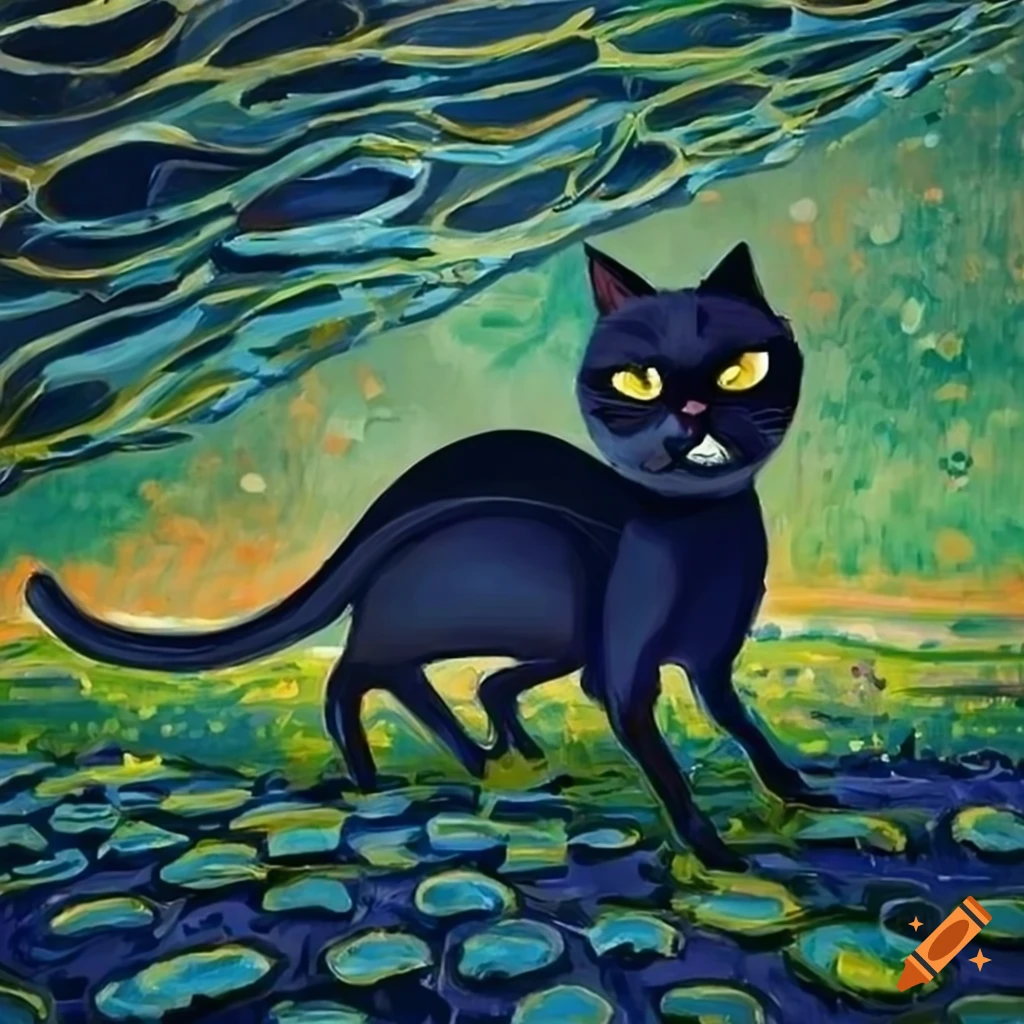 Smart black cat running through grain fields in monet style on Craiyon