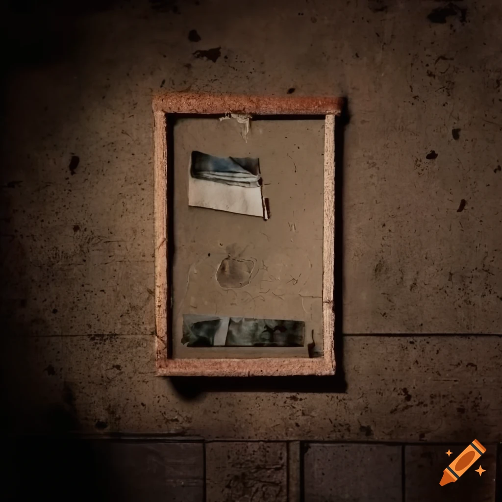 Old broken cork board with photographs, newspaper clippings, and notes ...