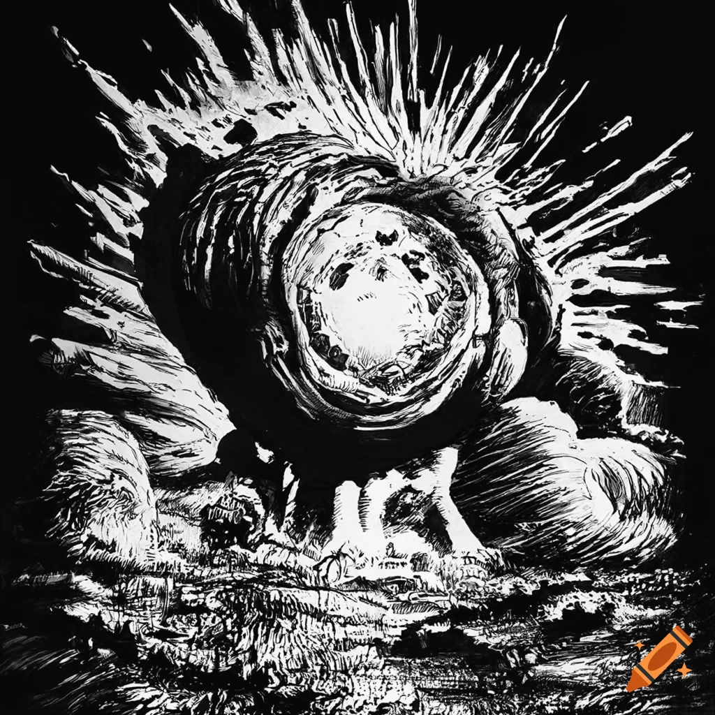 Detailed ink drawing of a nuclear blast with a spinning nascar tire on ...