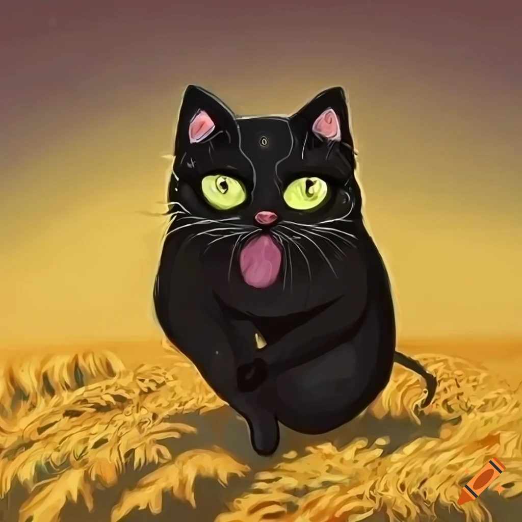 Smart black cat running through grain fields in monet cartoon art style ...