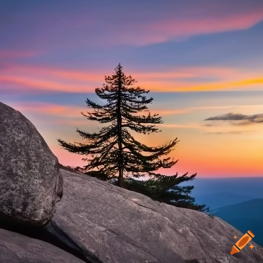 Solitary fir tree on granite rock overlooking Blue Ridge Mountains at ...