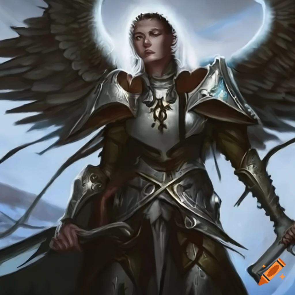 Warrior archangel with white wings and silver sword in a magical ...