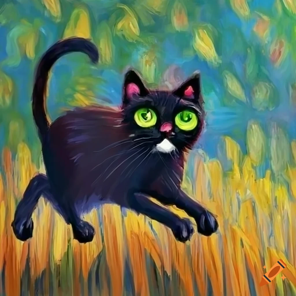 Smart black cat running through grain fields in monet cartoon art on ...