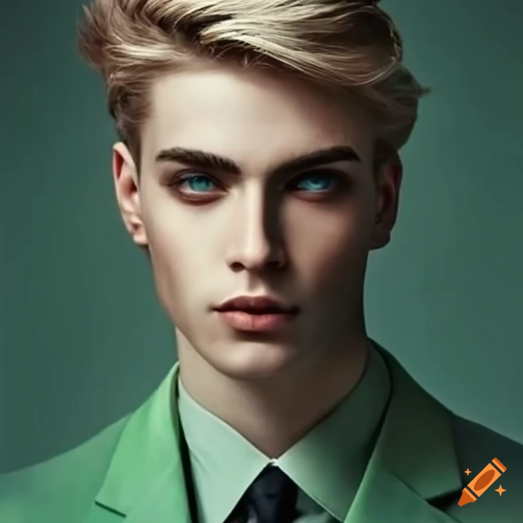 Russian man with green eyes and blonde hair in elegant attire on Craiyon