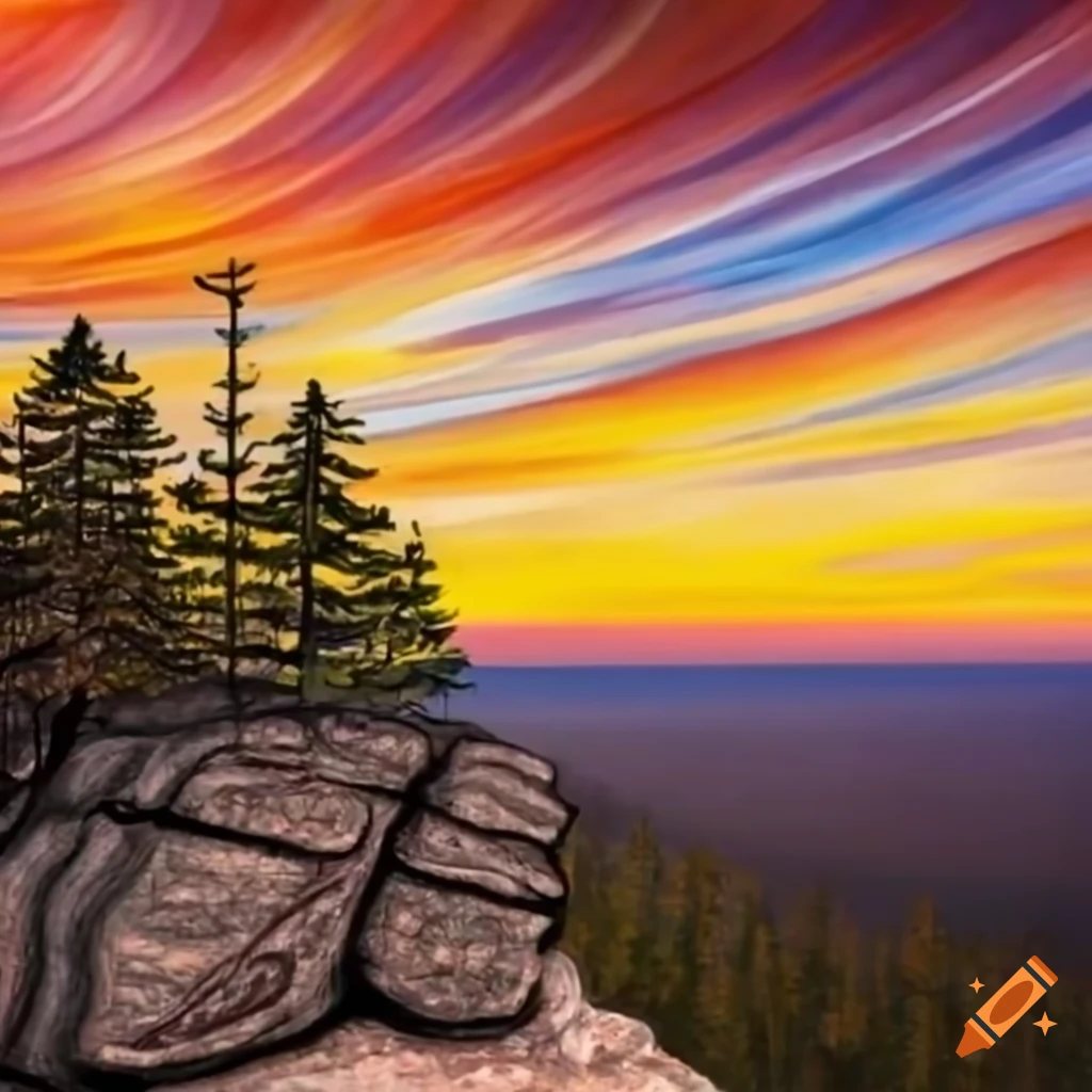 Fir tree next to granite rock overlooking blue ridge mountains at ...