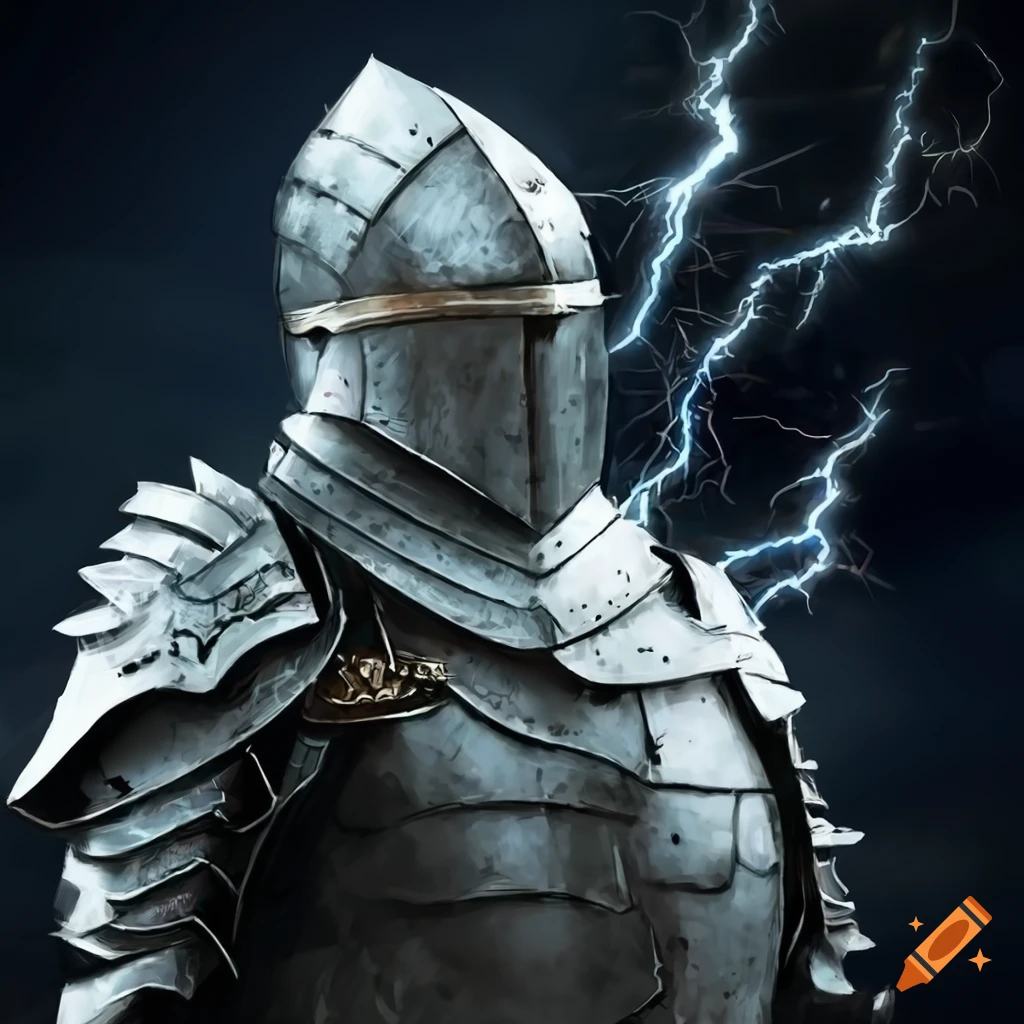 Knight in gray and white armor with lightning bolts in a fantasy world ...