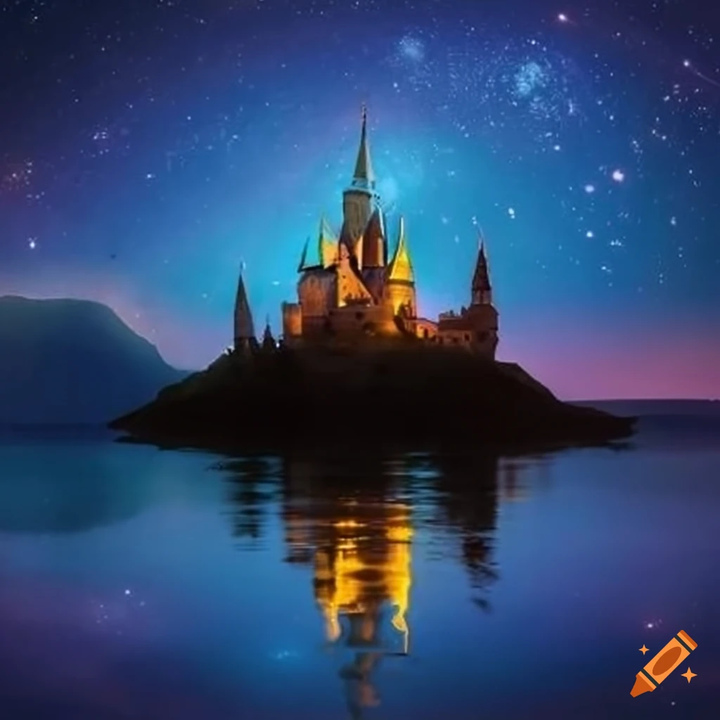 Night view of Tangled castle with starry sky and Flynn's boat in ...