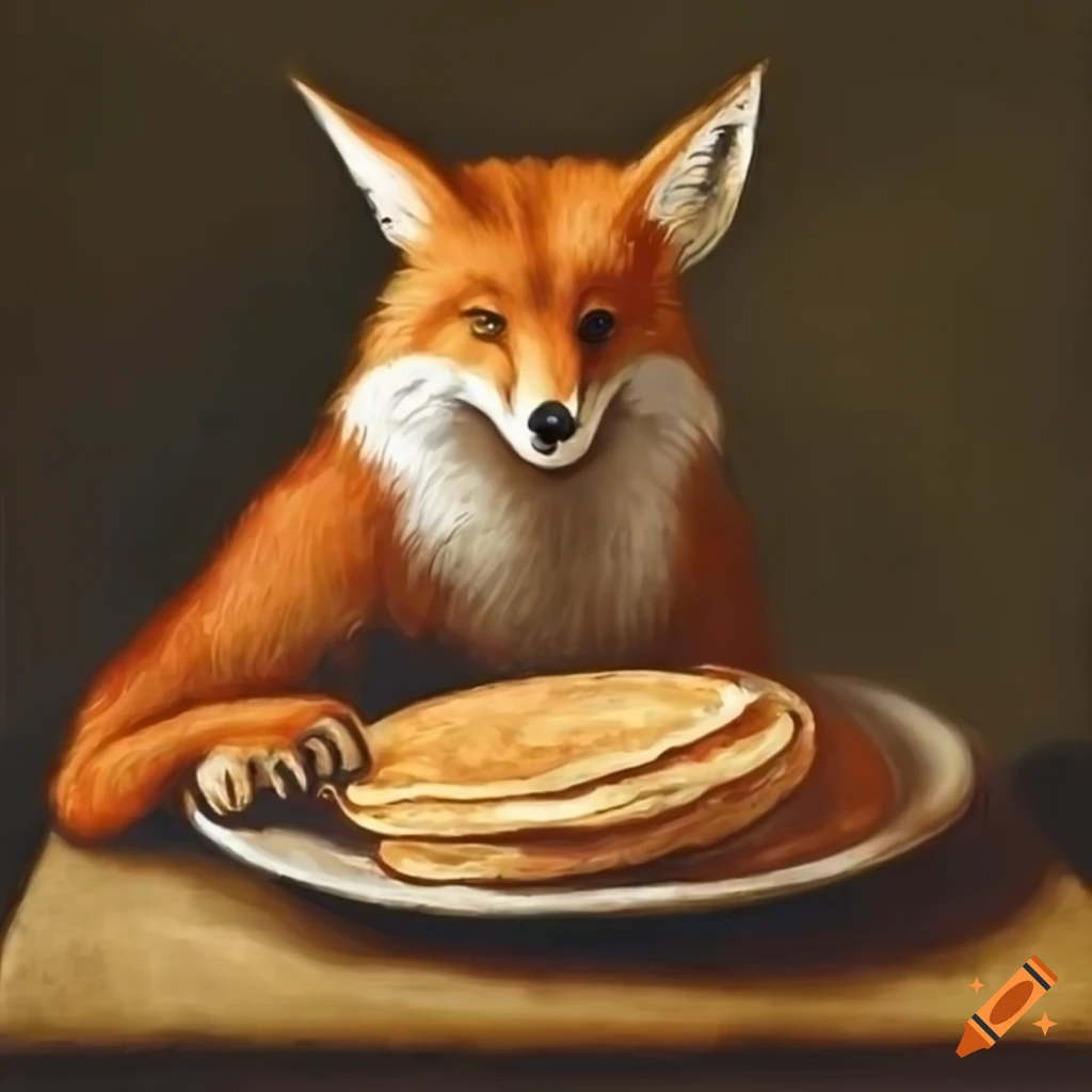 Medieval painting of a fox eating pancakes on Craiyon