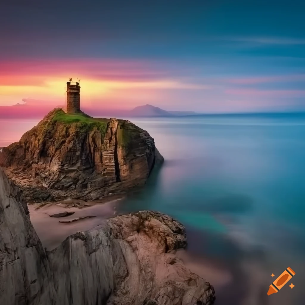 Craggy cliffside with ancient castle overlooking serene beach on Craiyon