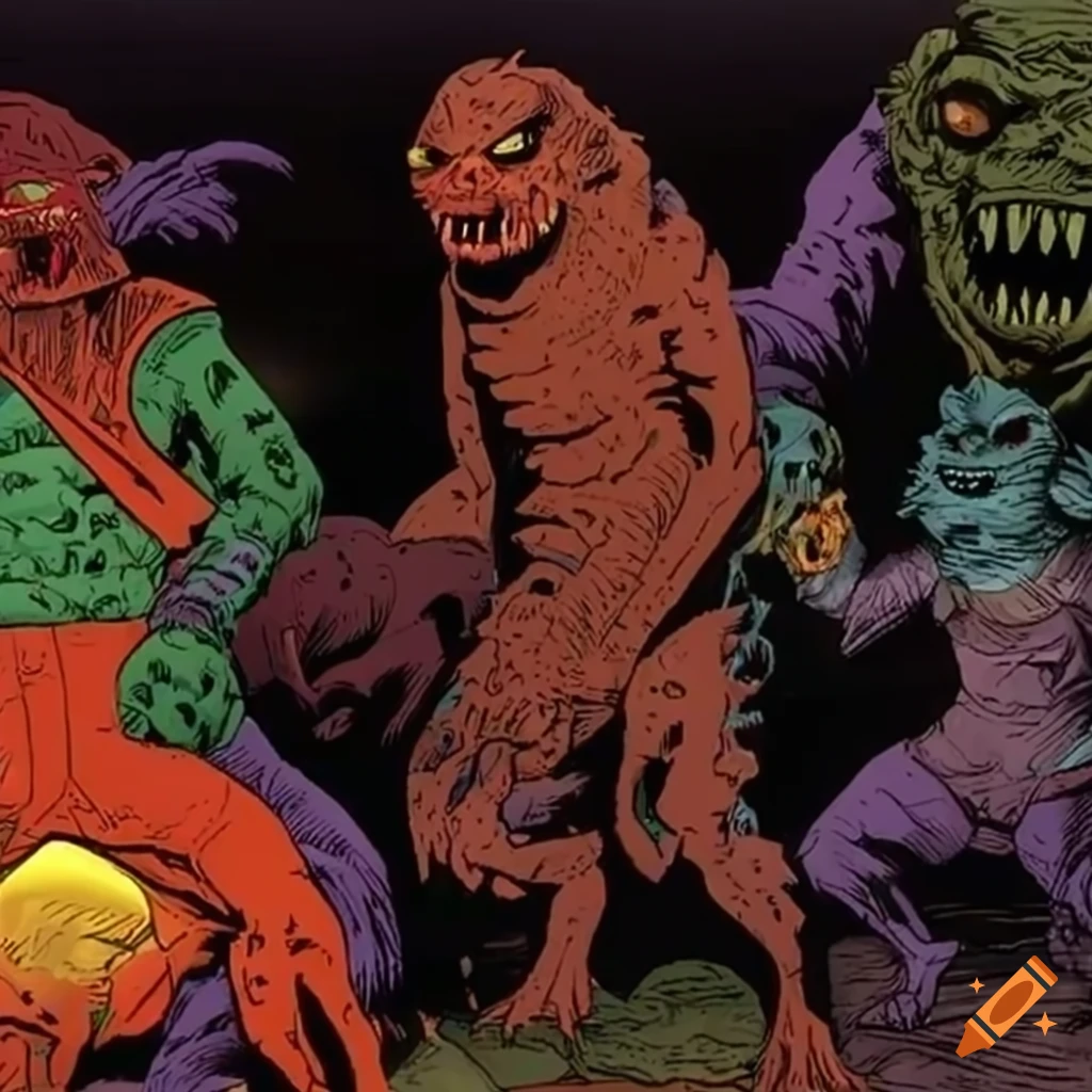 Spaceships battling giant mutant monsters in a 60s comic style scene on ...