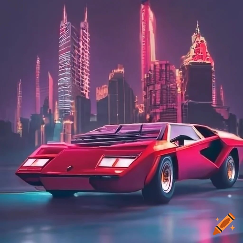 Red 1980s lamborghini countach flying with jet wheels in a futuristic ...