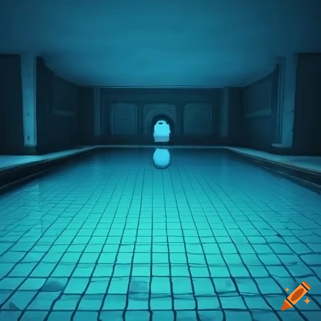 Liminal pool rooms with white tiles and blue water inspired by the backrooms on Craiyon