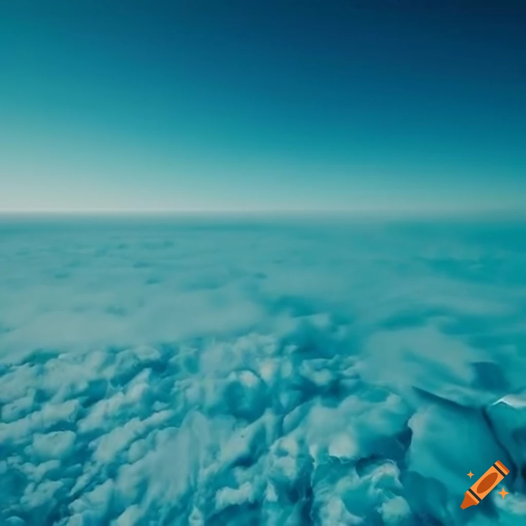 Icy relief surface with thick turquoise fog under a turquoise sky on ...