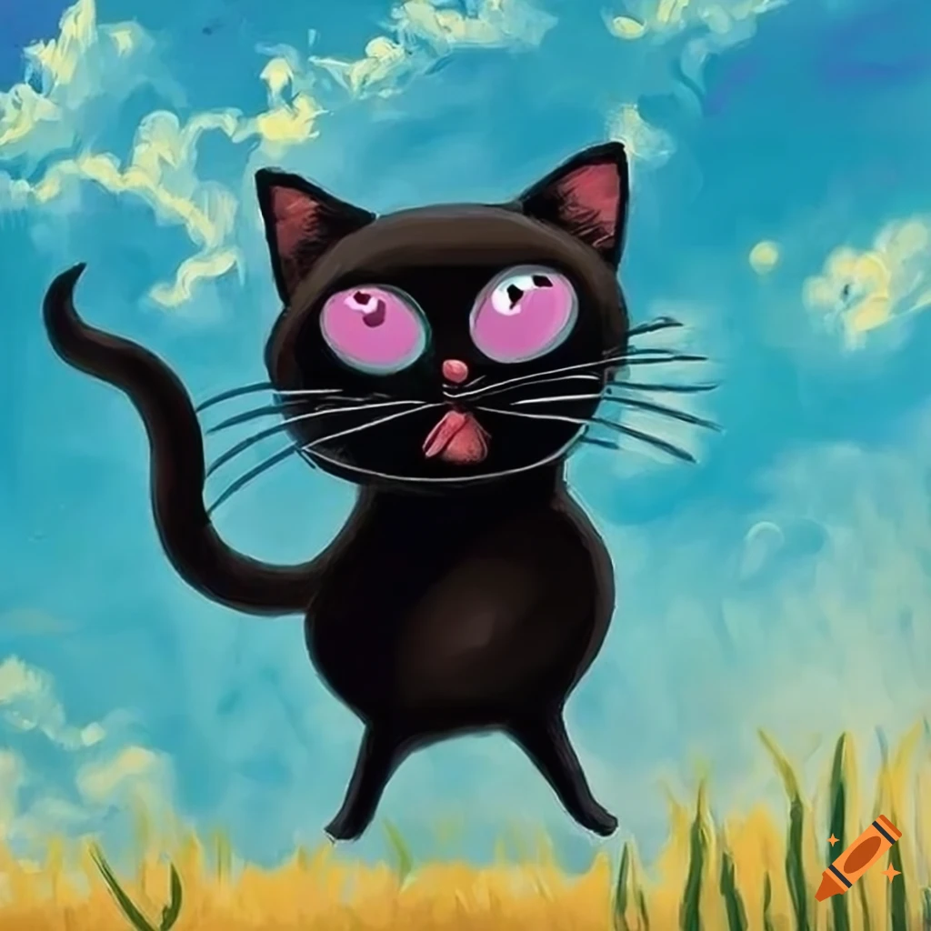 Smart black cat running through grain fields in monet cartoon art style ...