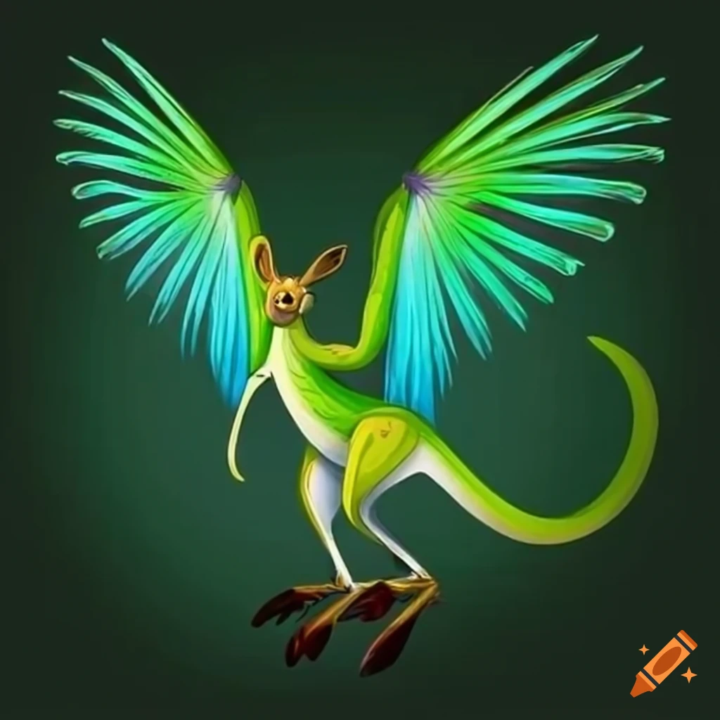 Mythical green kangaroo with wings and feathers on Craiyon