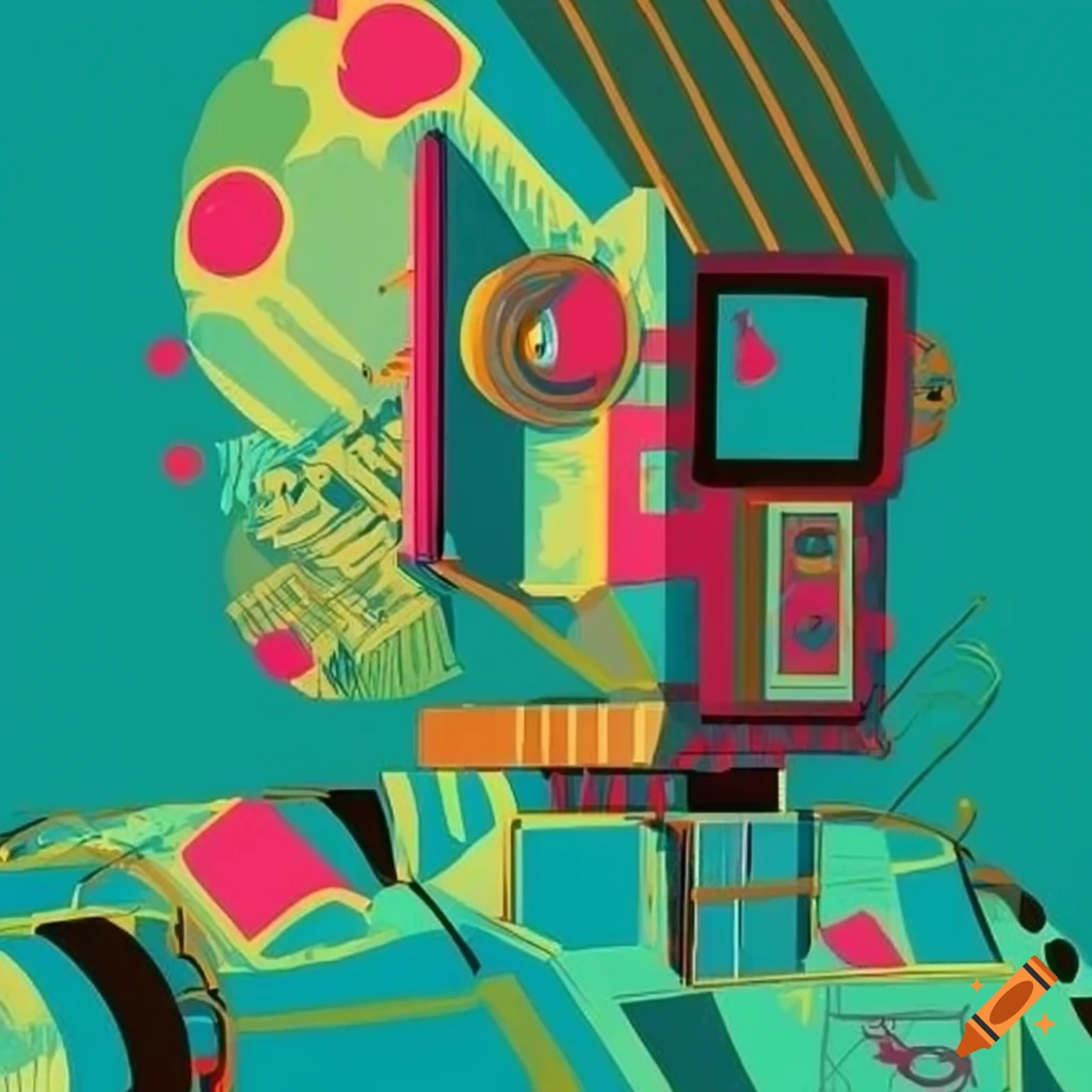 Big robot crossing through lush palm trees in 60's graphic style on Craiyon