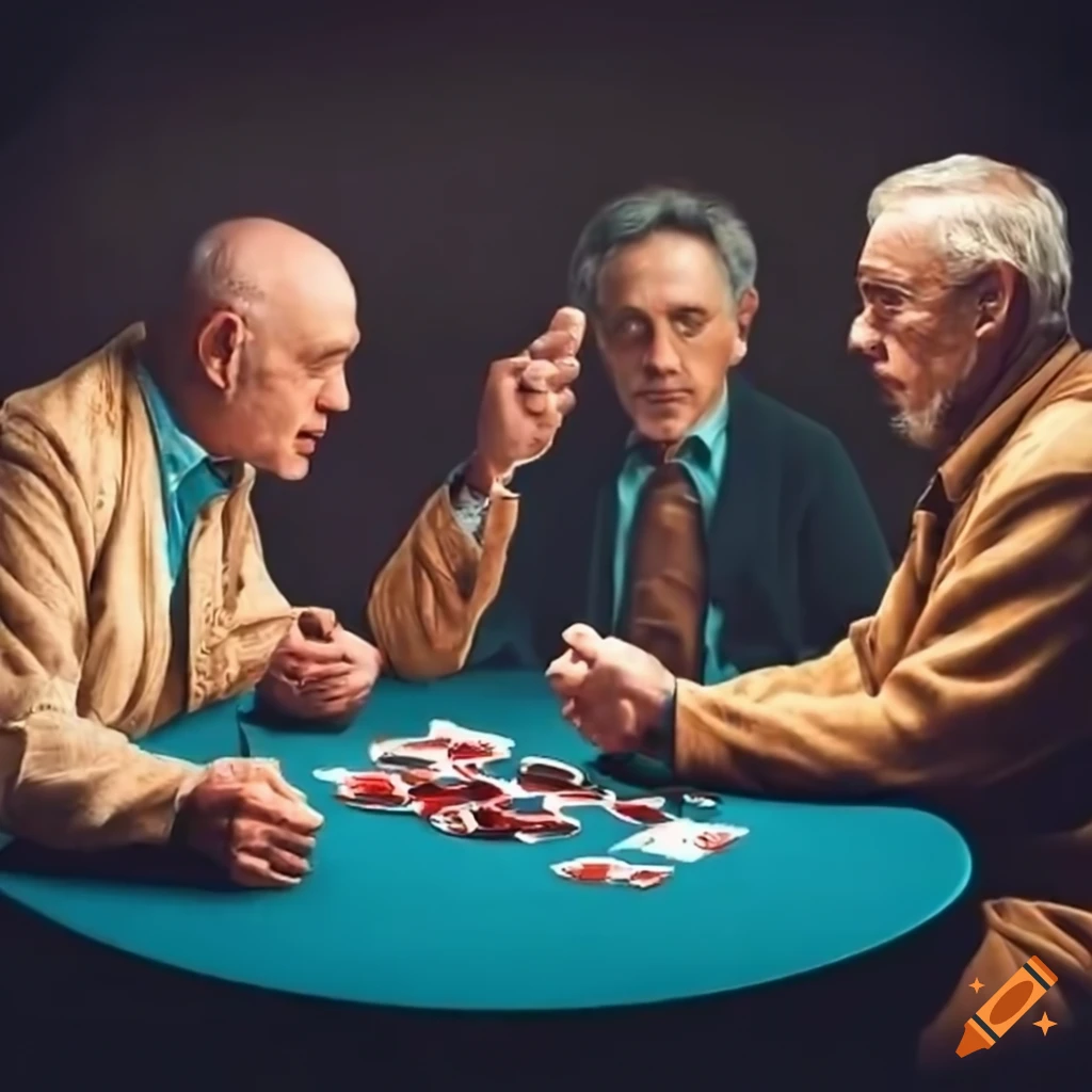 Three men playing cards at a round table on Craiyon