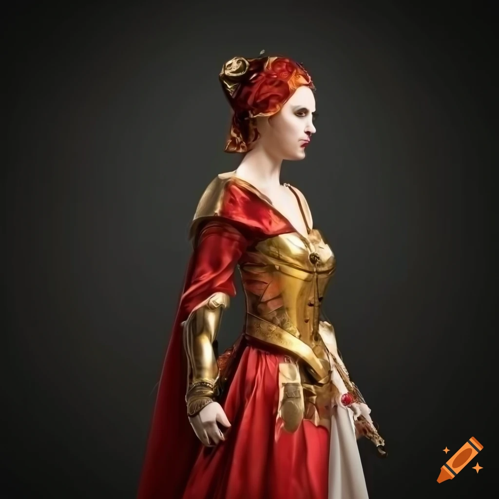 Woman in golden armor and white robes riding a noble steed on Craiyon