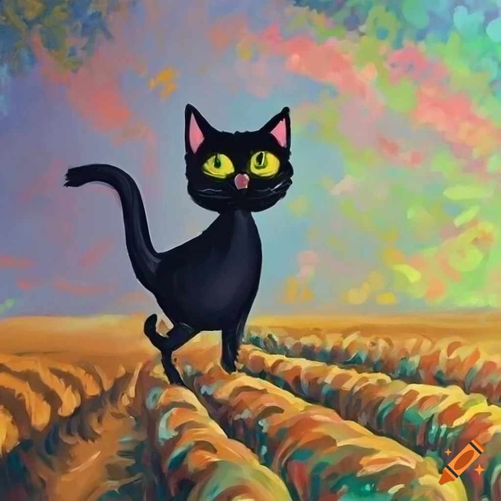 Smart black cat running in grain fields in a monet-style cartoon art on ...