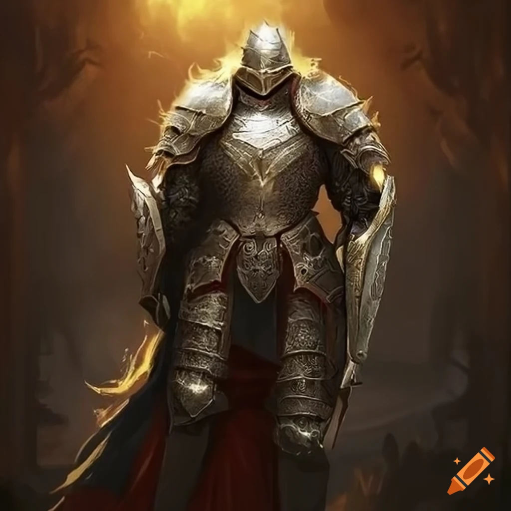 Knight in powerful armor illuminated by lightning in a fantasy world on ...